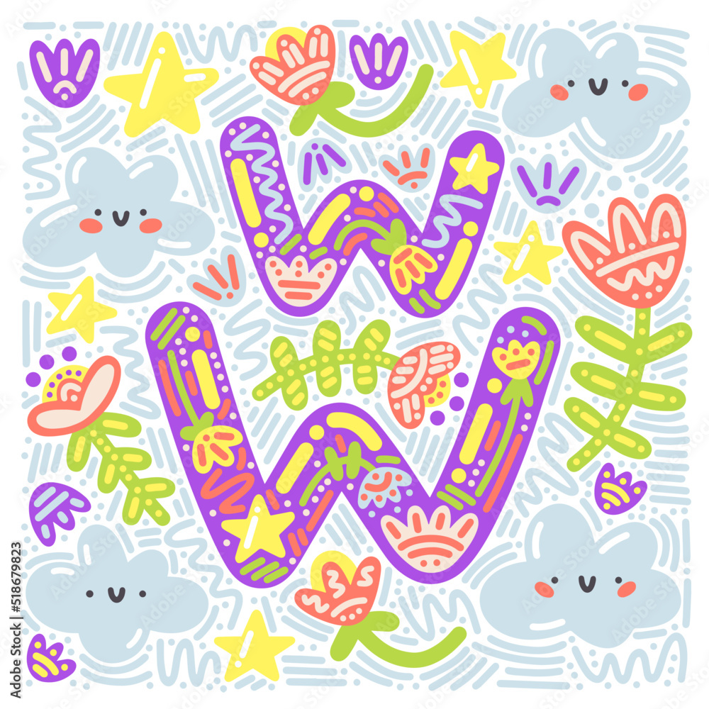 Cute gentle vector poster with alphabet English letter W. Kawaii ...