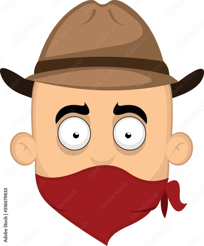 Vector illustration of the head of a cartoon bandit, with a cowboy hat ...