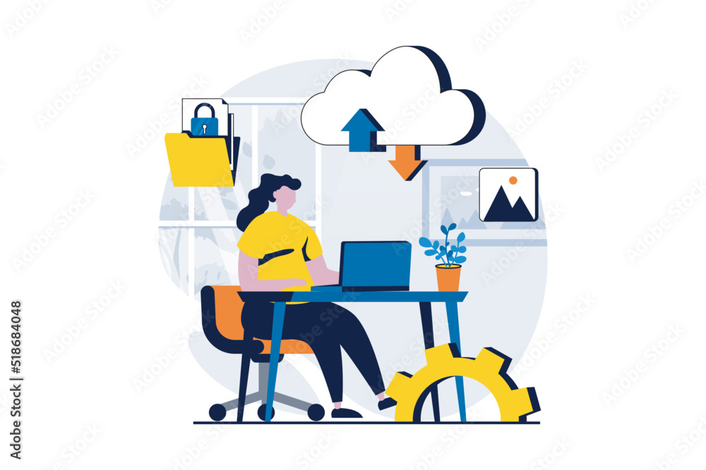 SaaS concept with people scene in flat cartoon design. Woman working ...