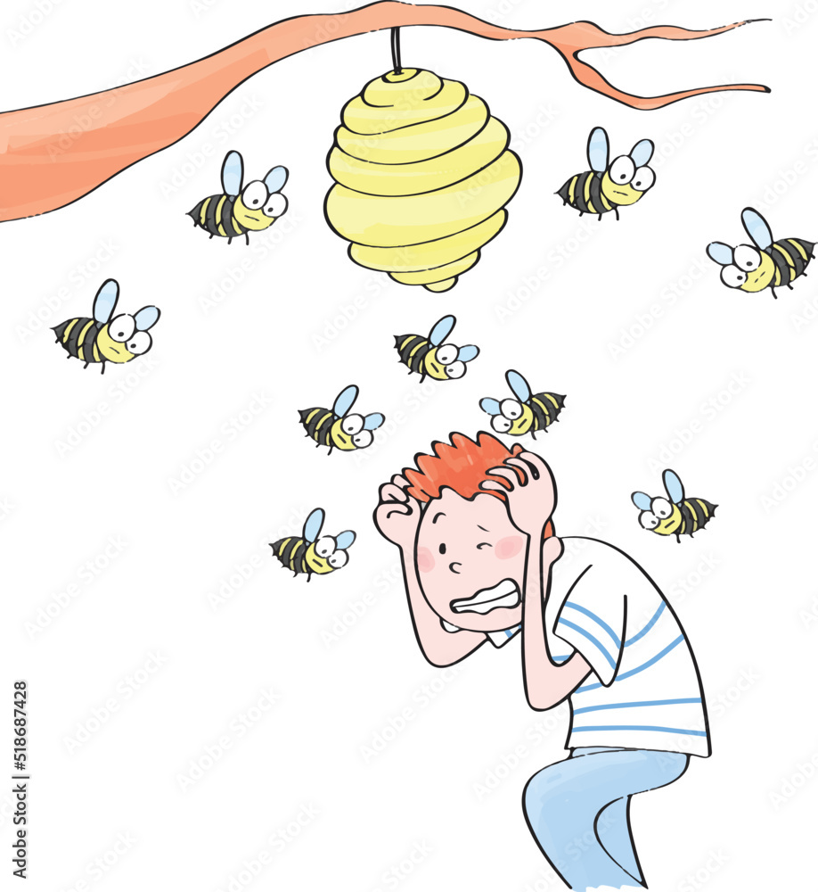 Bees coming out of the beehive and a scared child. Stock Vector | Adobe ...