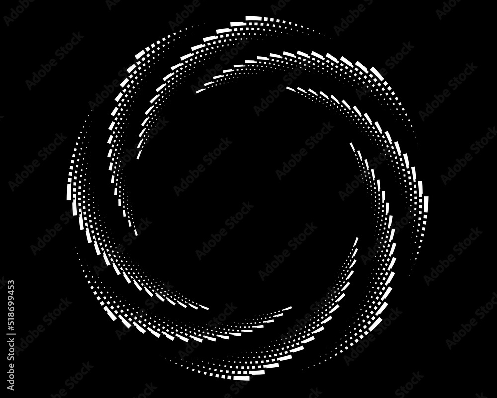White halftone dots in vortex form. Geometric art. Trendy design element.Circular and radial ...
