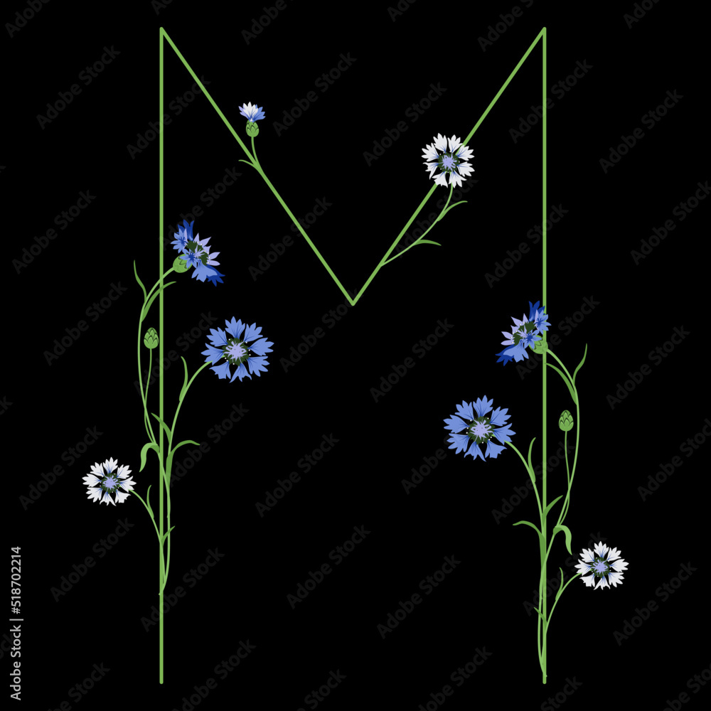 Beautiful letter M with blooming branches of cornflower or knapweed ...