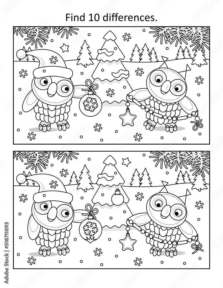 Difference game with two owls decorating christmas tree. Find 10 ...