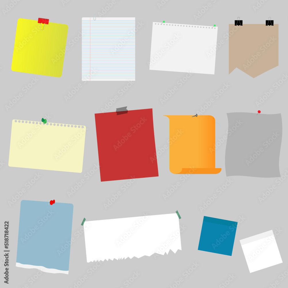 Note paper with pin, binder clip, push pin, adhesive tape and tack ...