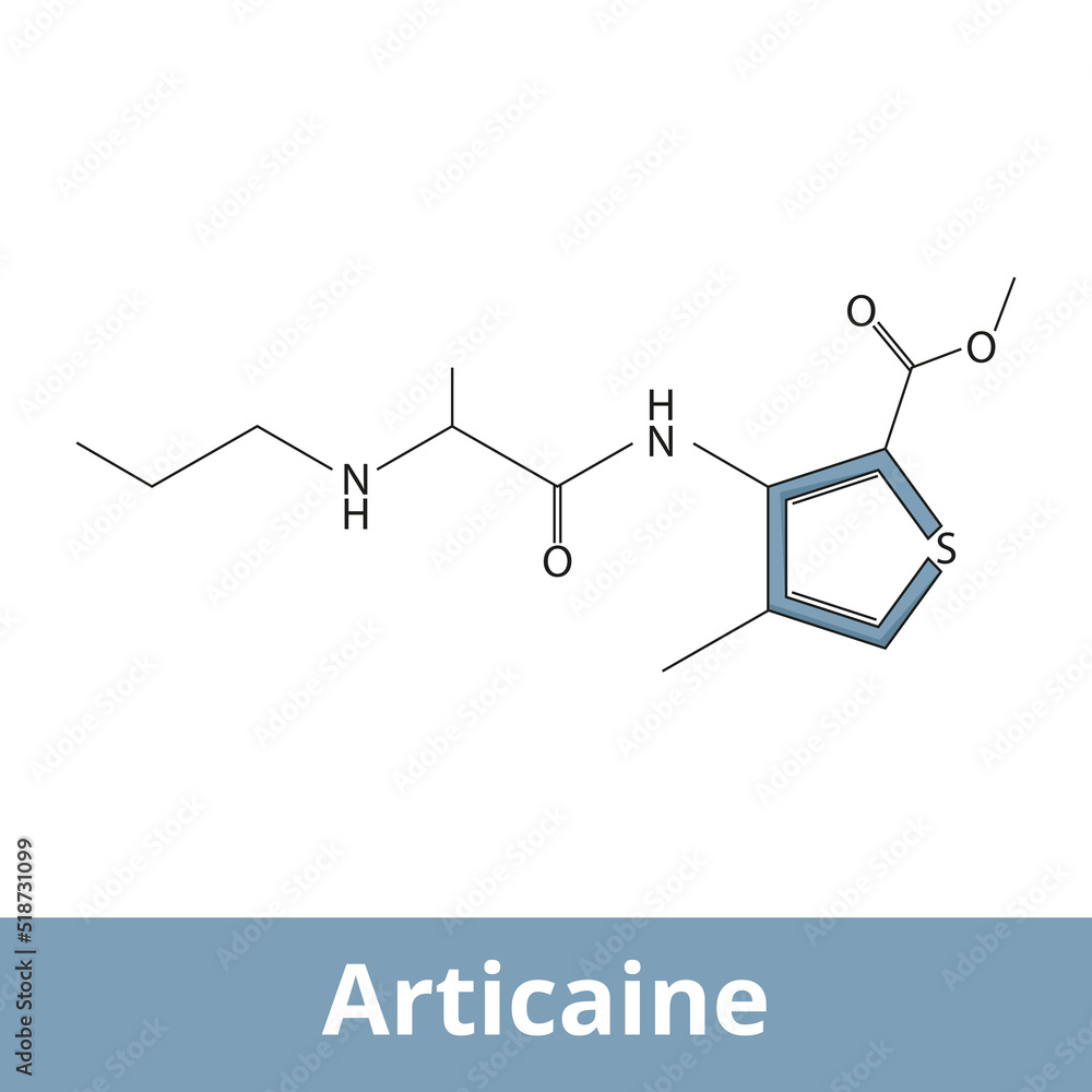 Articaine. Dental amide-type local anesthetic, the only local one to contain a thiophene ring ...