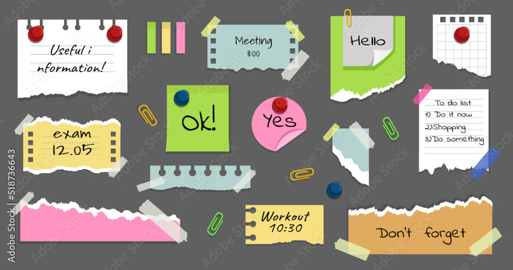 Paper memo stickers. Sticky note pad banner, board with pin and ...