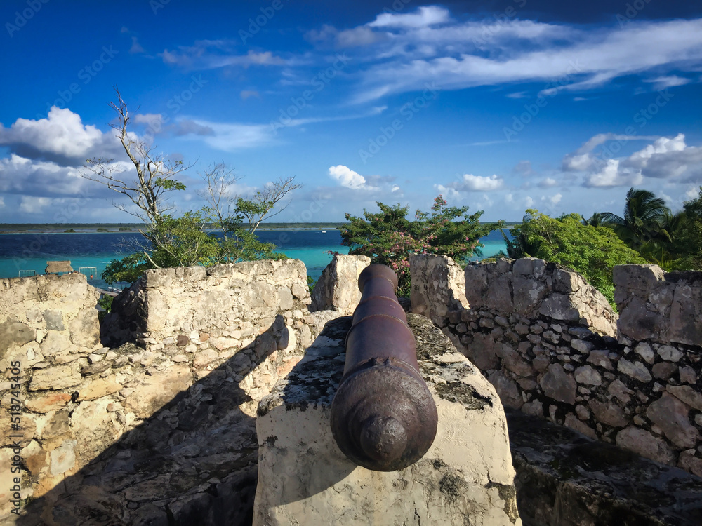 Pirate cannon on a fort protecting the port of Bacalar aiming at the ...