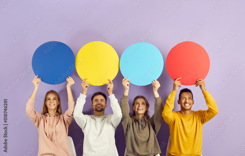 Different happy cheerful positive young multiethnic people sharing ...