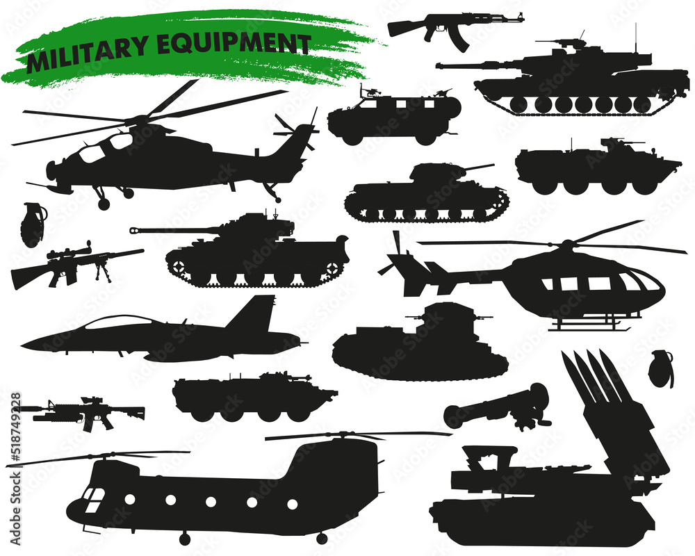 Vector signs. Military equipment and devices. A set of aircraft, tanks ...