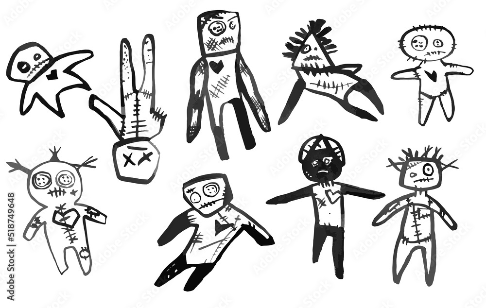 Line Drawing Freehand Voodoo Dolls Patchwork Handmade Style. Witch Set ...