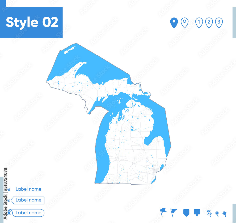 Michigan, USA - stroke map isolated on white background with water and ...