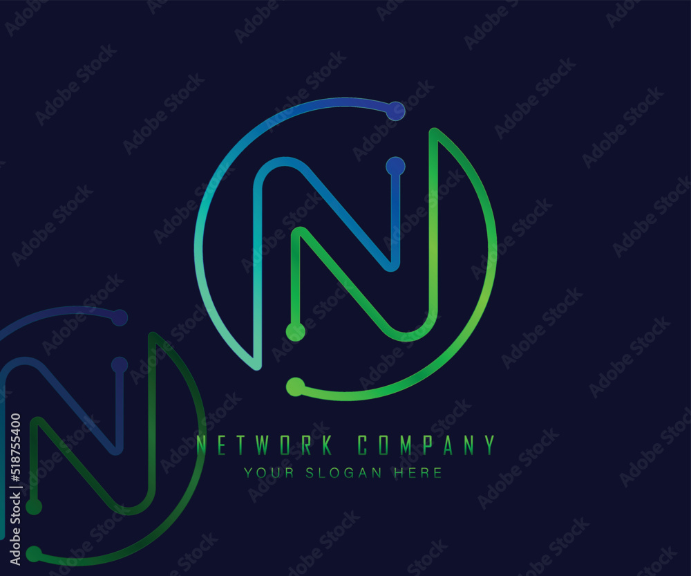 Letter N in circle with network, technology and connection dot concept ...