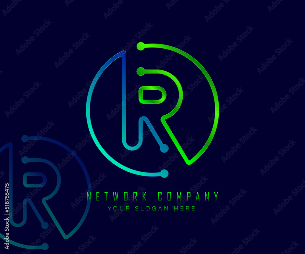 Letter R in circle with network, technology and connection dot concept ...