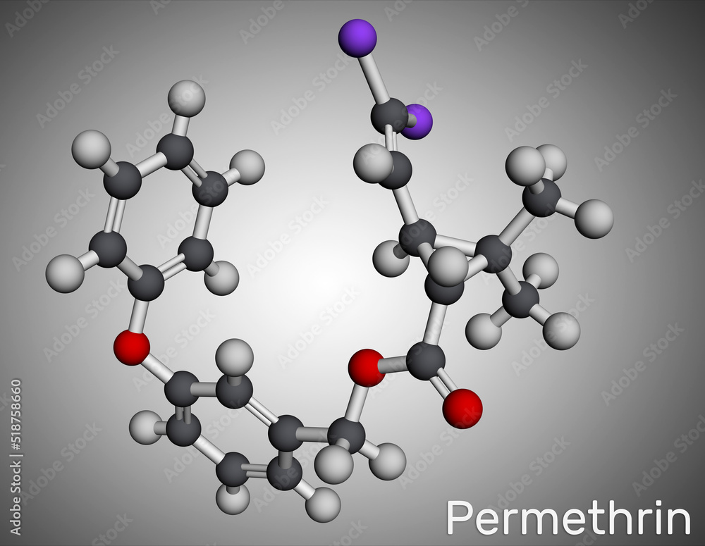 Permethrin molecule. It is insecticide and medication, used in ...