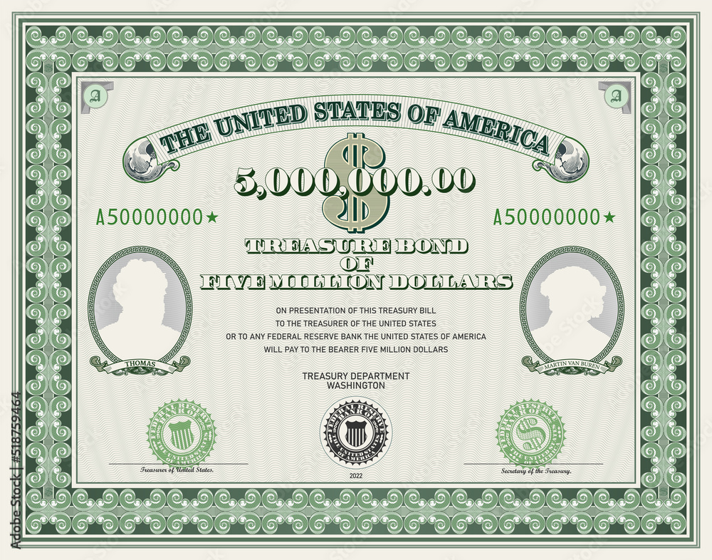 Vector fictitious blank of US Treasury bond with a face value of five ...
