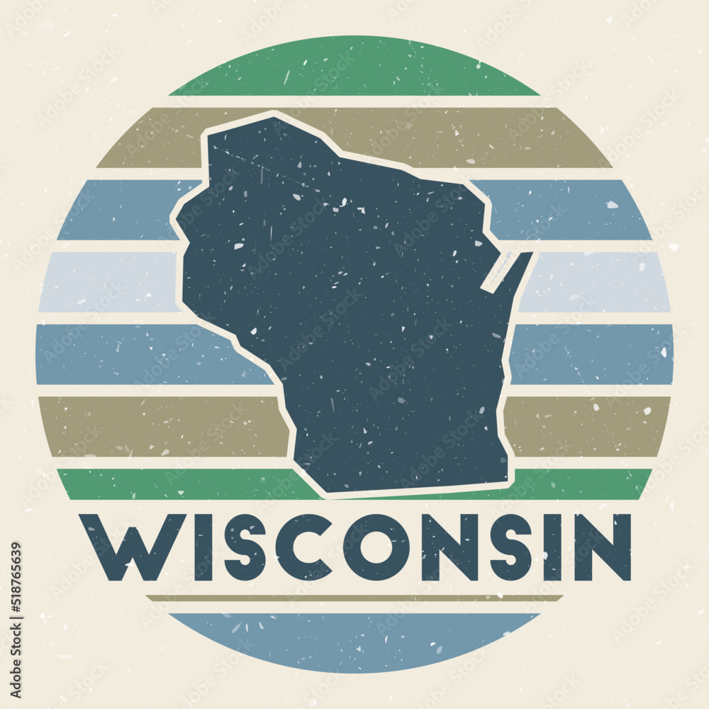 Wisconsin logo. Sign with the map of us state and colored stripes ...