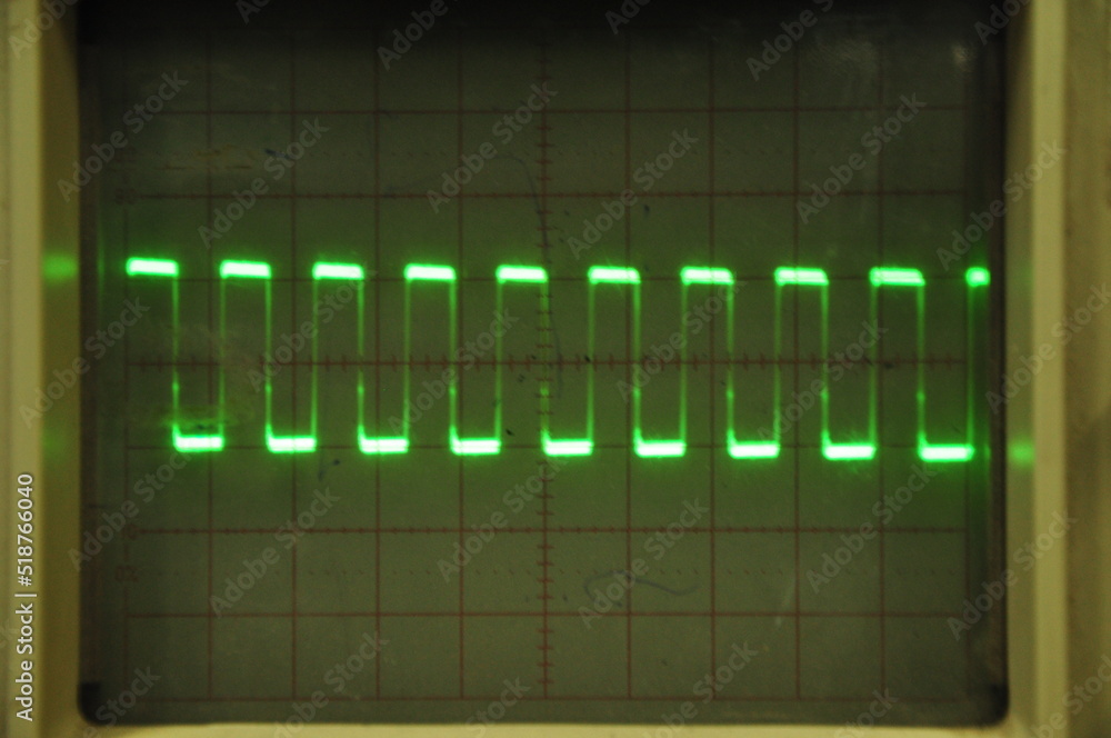 square wave displayed by an analog oscilloscope screen. The square wave ...