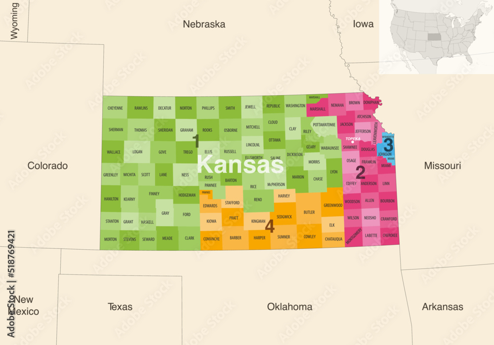 Kansas state counties colored by congressional districts vector map ...