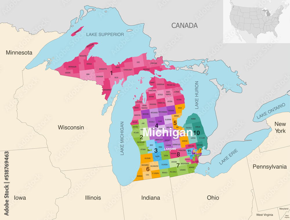 Michigan state counties colored by congressional districts vector map ...