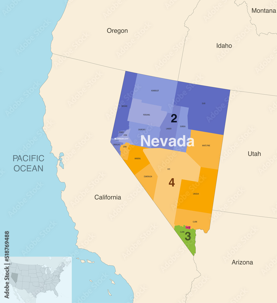 Nevada state counties colored by congressional districts vector map ...