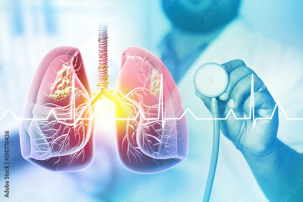 Doctor check and diagnose the human lungs on blurred background. 3d ...