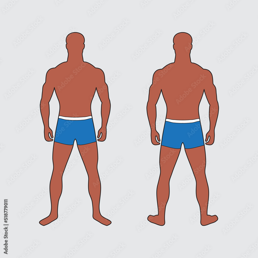 Adult muscular man. Impersonal character in blue swimming trunks. Front ...