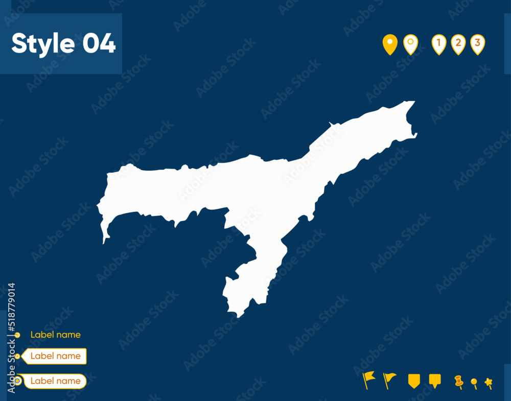 Assam, India - map isolated on blue background. Outline map. Vector map ...