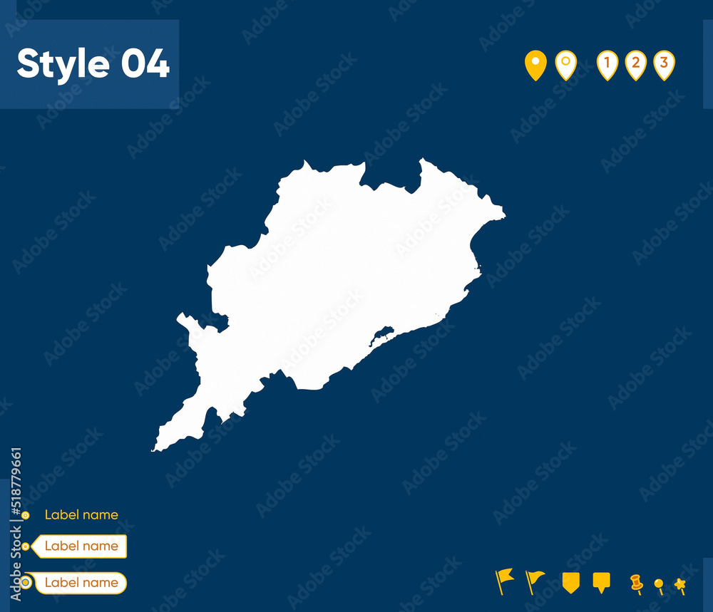 Odisha, India - map isolated on blue background. Outline map. Vector ...