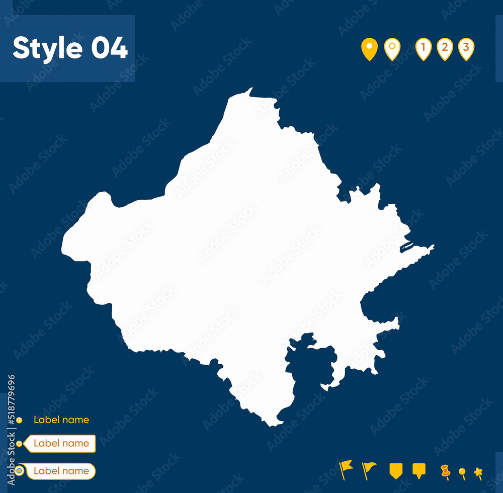 Rajasthan, India - map isolated on blue background. Outline map. Vector ...