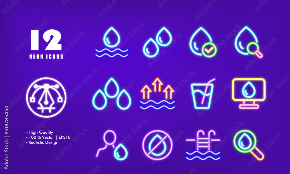 Water set icon. Ecology, water drops, clean, magnifier, checkmark ...