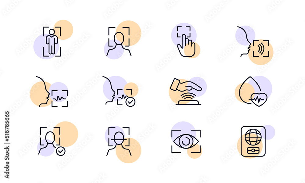Vetor de Biometric data set icon. Scanner, scan, man, dna, face id ...