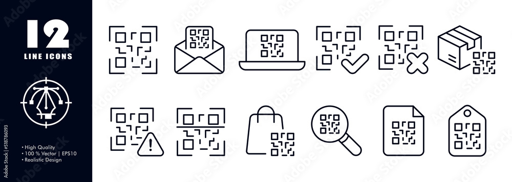 QR codes set icon. Scan, scanner, frame, letter, laptop, checkmark ...