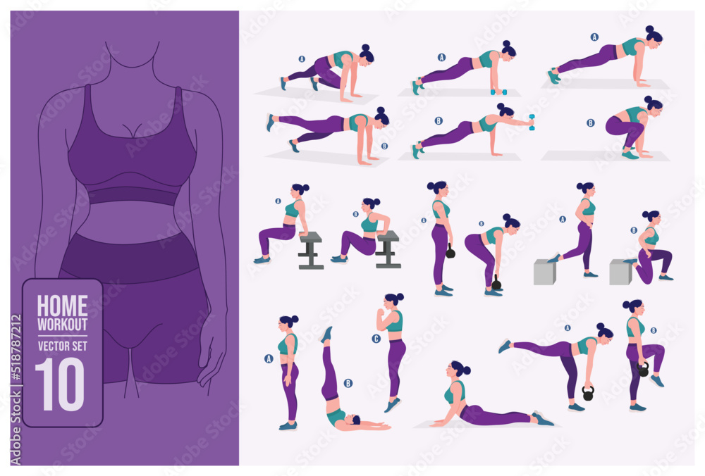 Women Workout Set. Women doing fitness and yoga exercises. Lunges ...