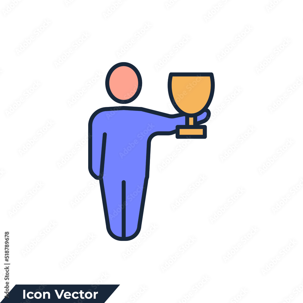 winner icon logo vector illustration. man holds winner award cup symbol ...