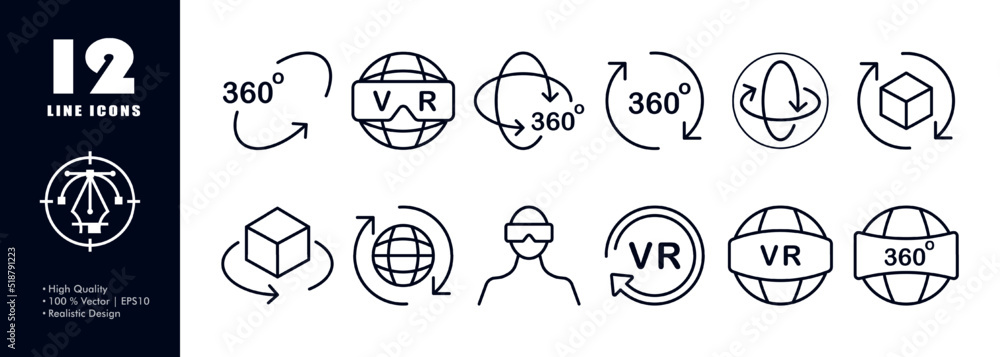 Virtual reality set icon. VR, 360 degrees, planet, cube, arrows ...