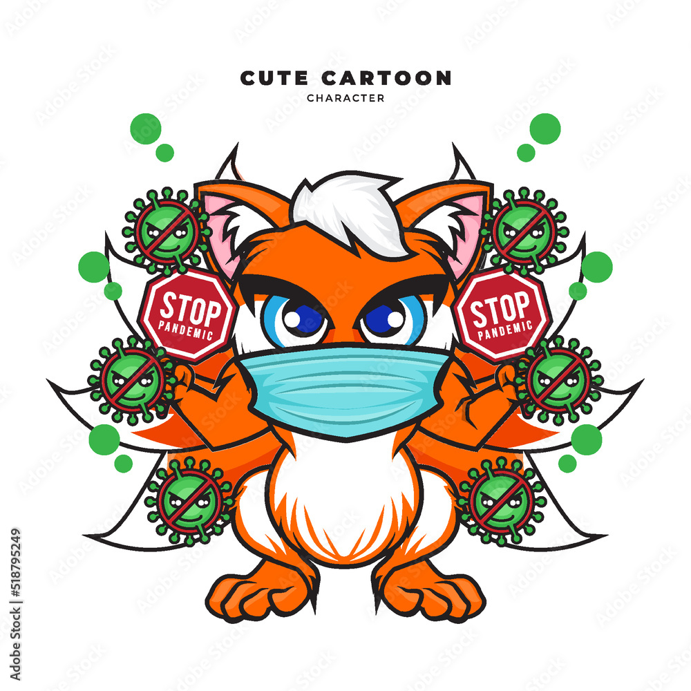 Cute cartoon character of nine tails fox kitsune is wearing mask and ...