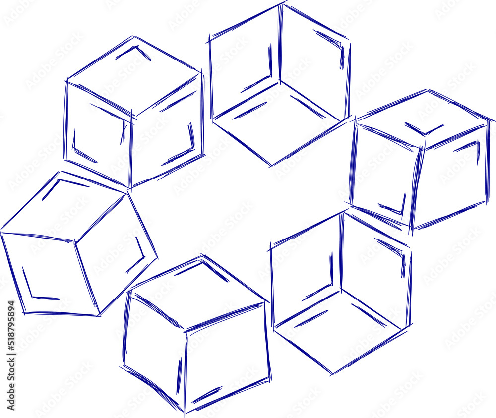 Hand drawn line ice cube, sugar, toys. Cold pieces, pieces of ice ...