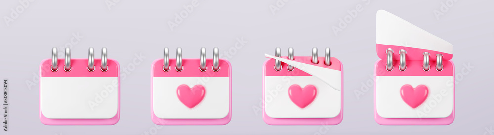 3d pink calendar with heart icons isolated. Render of daily wedding ...