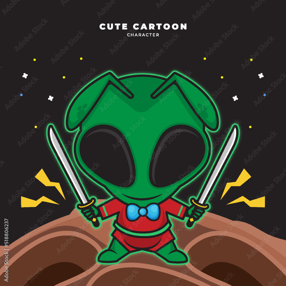Cute cartoon character of alien is holding two swords Stock Vector ...