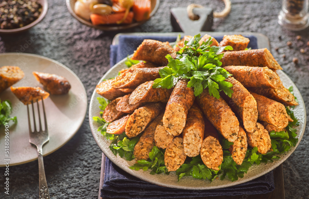 Arabic cuisine; Traditional Egyptian food "Mombar".It's beef sausage ...