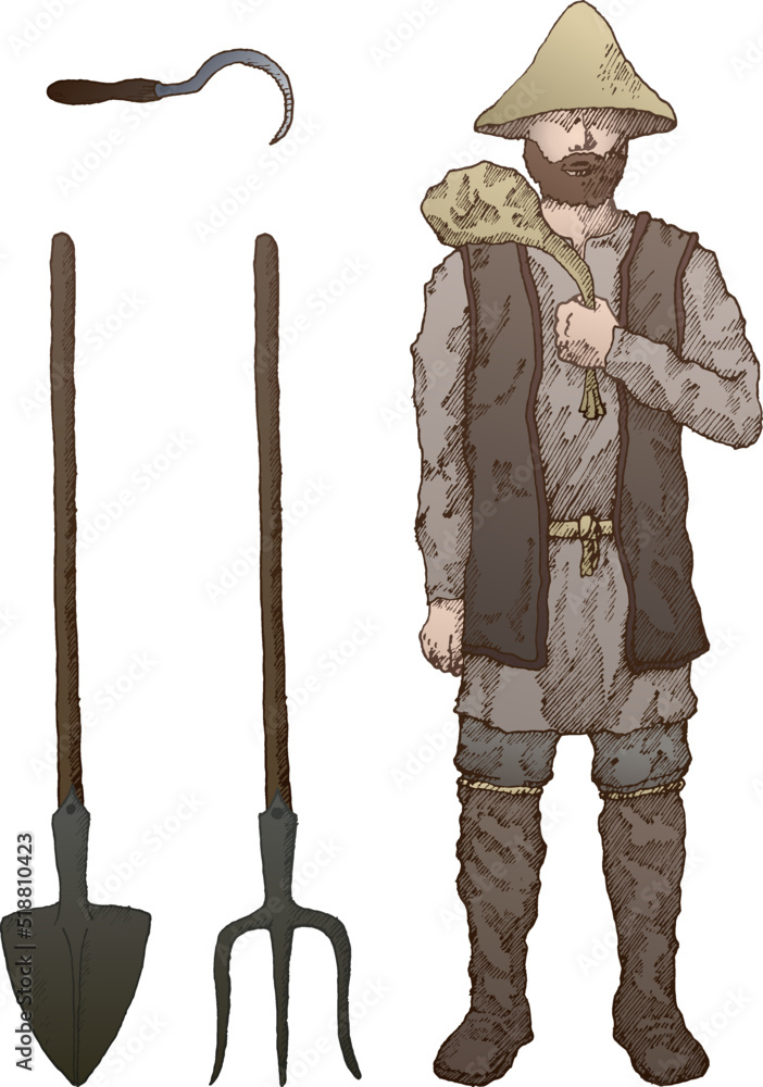 Medieval farmer illustration. Bag in hands, tools shovel, pitchfork and ...