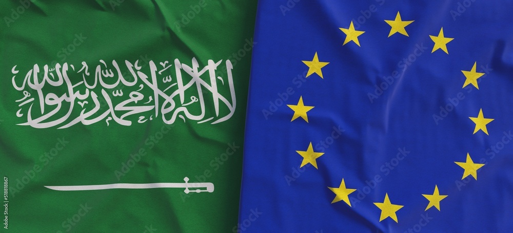 Flags of Saudi Arabia and EU. Linen flags close-up. Flag made of canvas ...