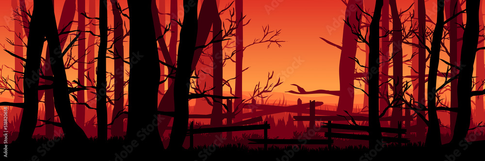 forest landscape with spooky dead tree silhouette vector illustration ...