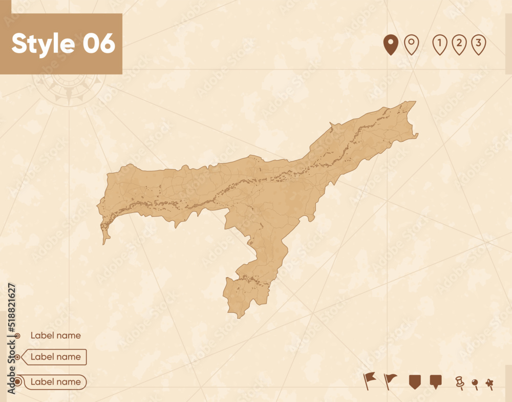 Assam, India - map in vintage style, retro style map, sepia, vintage ...