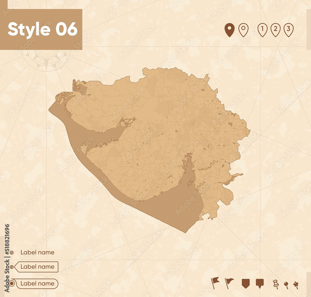 Gujarat, India - map in vintage style, retro style map, sepia, vintage ...