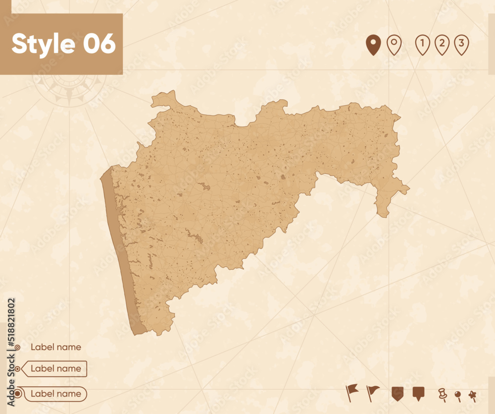 Maharashtra, India - map in vintage style, retro style map, sepia ...