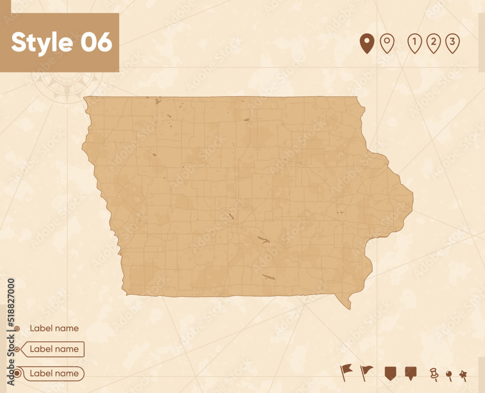 Iowa, USA - map in vintage style, retro style map, sepia, vintage ...