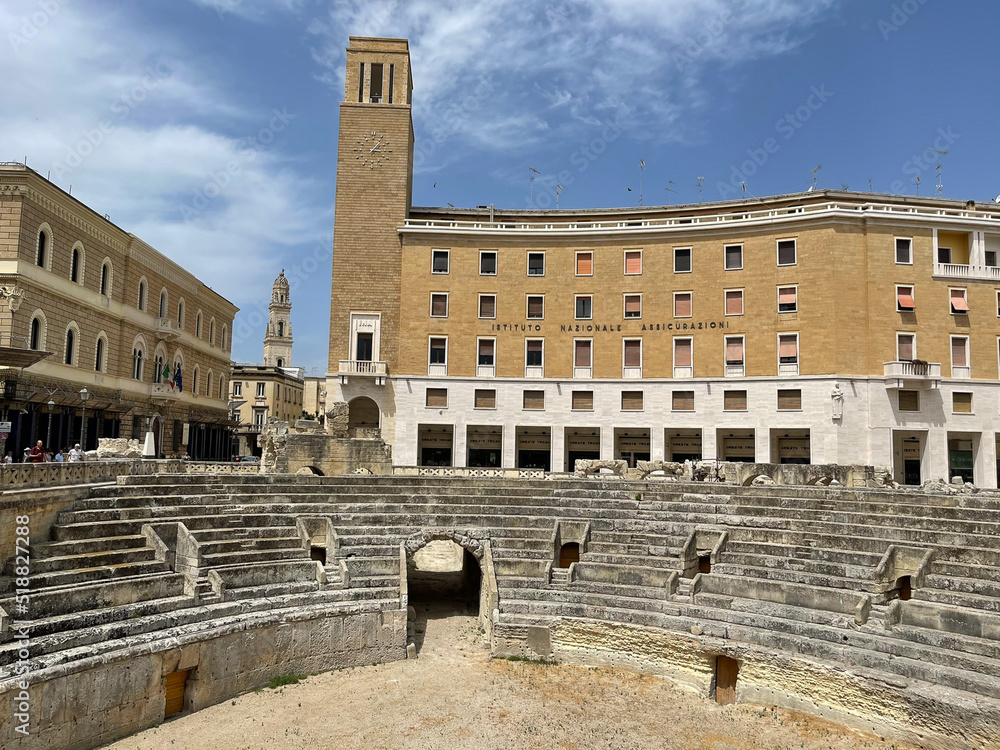 Lecce, Puglia center of town with contrast of Roman Amphitheatre and ...