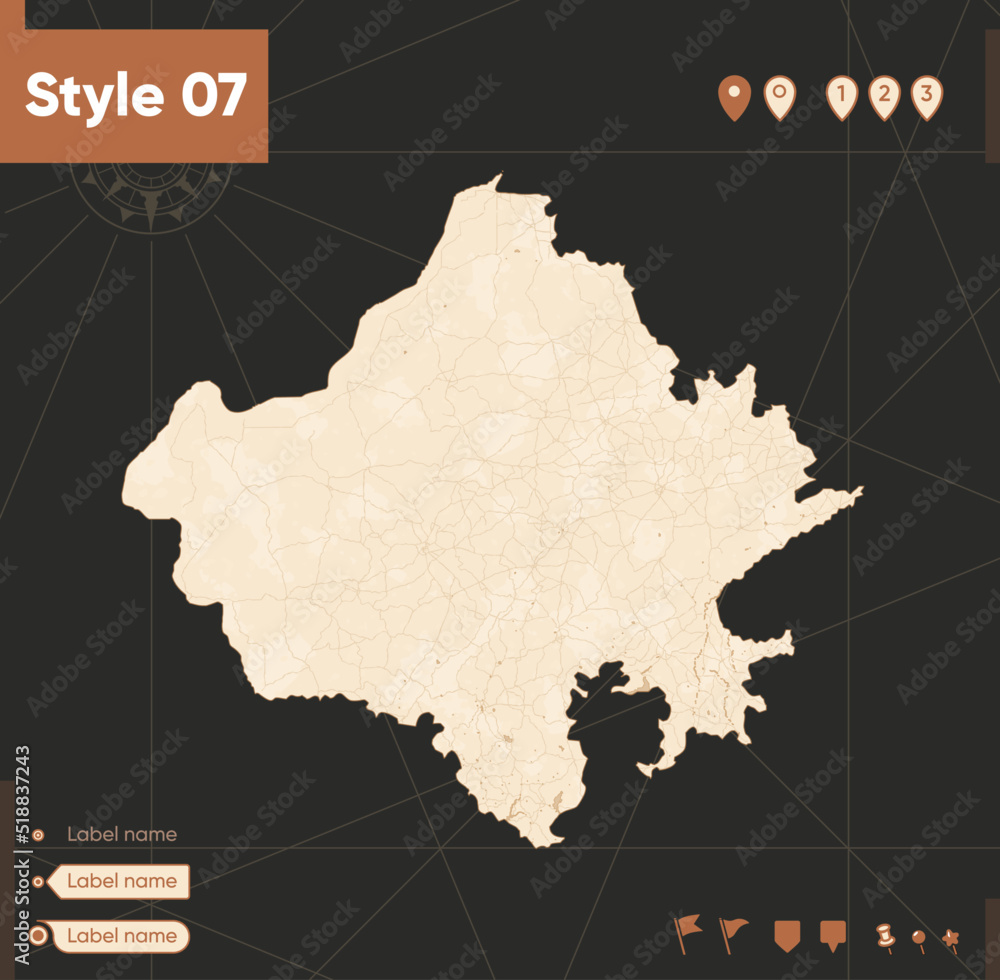 Rajasthan, India - map in vintage style, retro style, sepia, vintage ...