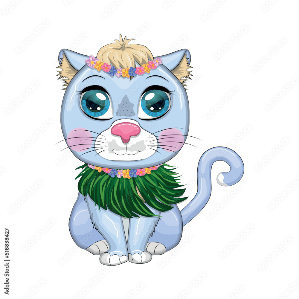 Cartoon cat dressed as a hula dancer under the ukulele, Hawaii. Summer ...